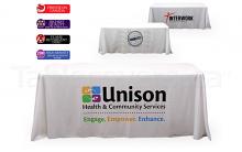 Custom printed affordable table cloths with logo for trade shows ...